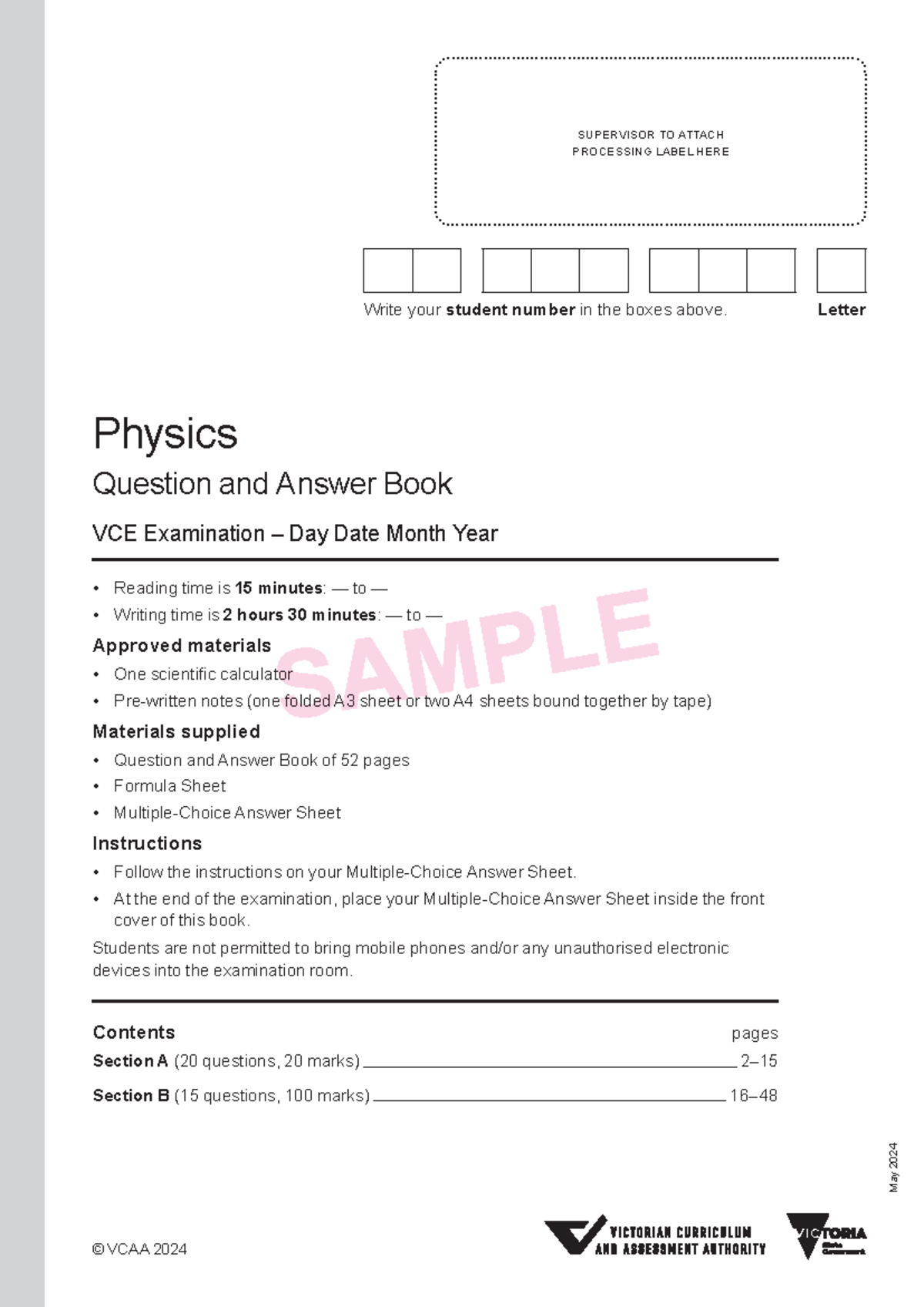 Physics-samp-w 2024 Sample exam - Physics Question and Answer Book VCE ...