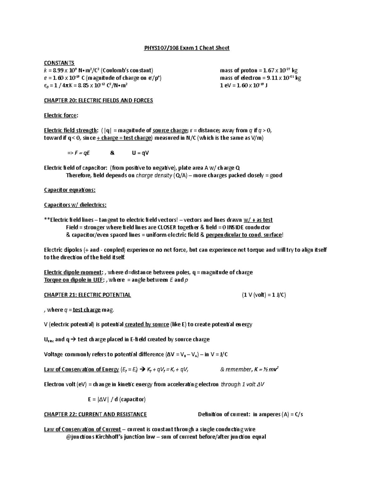 Exam 1 Cheatsheer - Physics 107 Exam 1 Cheatsheet/Summary - PHYS107/108 ...
