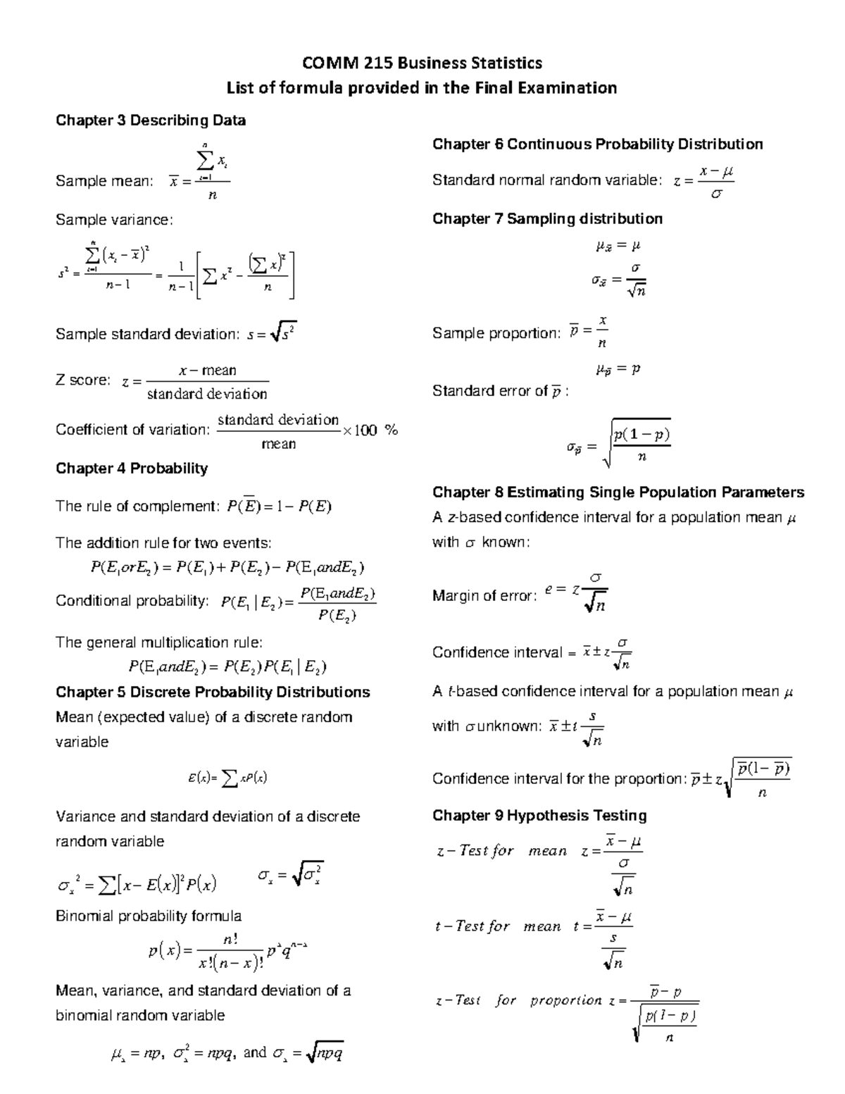 Final Exam Formula Sheet - COMM 215 Business Statistics List of formula ...