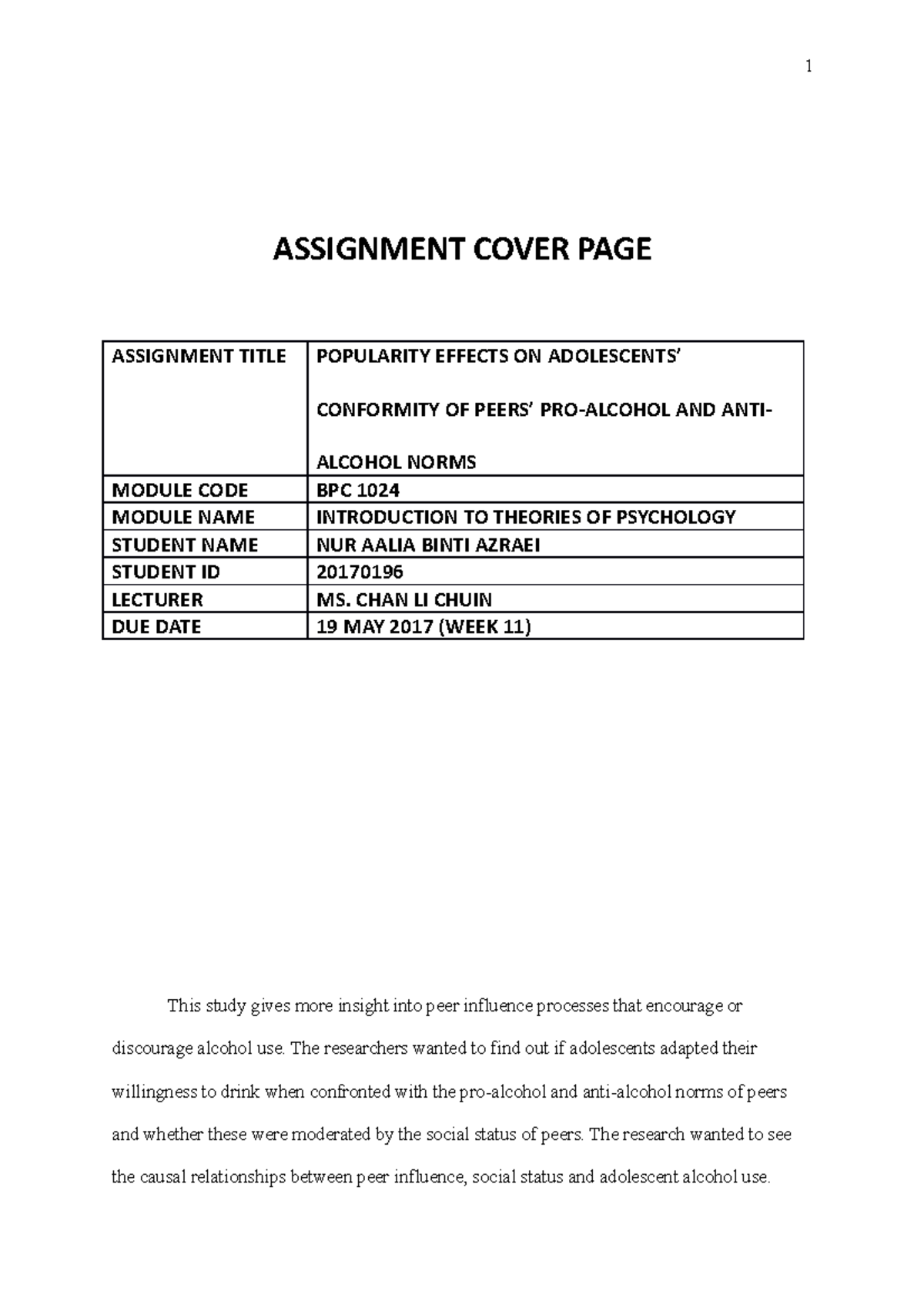 Alcohol - Journal Review - 1 ASSIGNMENT COVER PAGE ASSIGNMENT TITLE ...