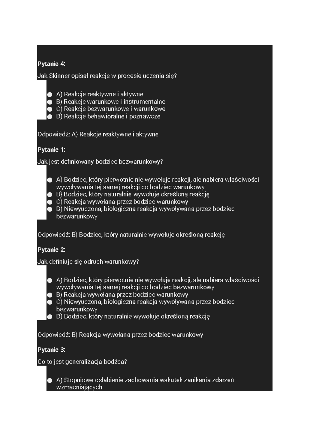 Test wiedzy czat gpt - Pytanie 4: Jak Skinner opisał reakcje w procesie ...