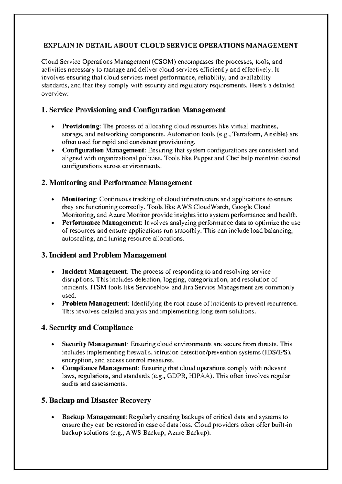 Csm - EXPLAIN IN DETAIL ABOUT CLOUD SERVICE OPERATIONS MANAGEMENT Cloud ...