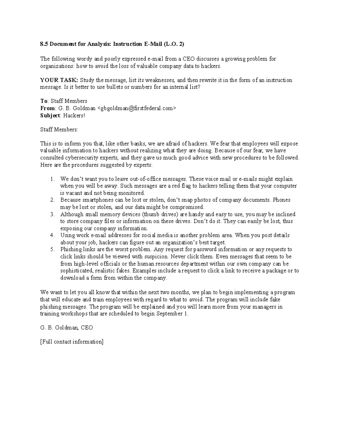 Ex 8 - x zxcz - 8 Document for Analysis: Instruction E-Mail (L. 2) The ...