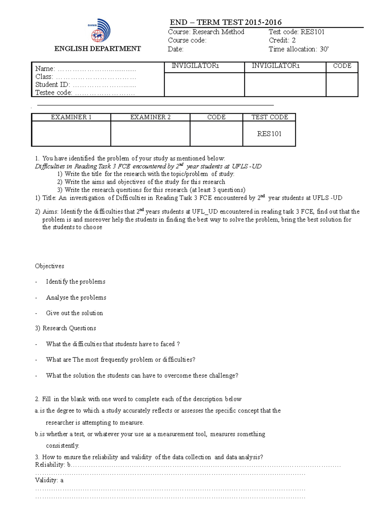 Sample TEST Research Method 2016 - ENGLISH DEPARTMENT END – TERM TEST ...