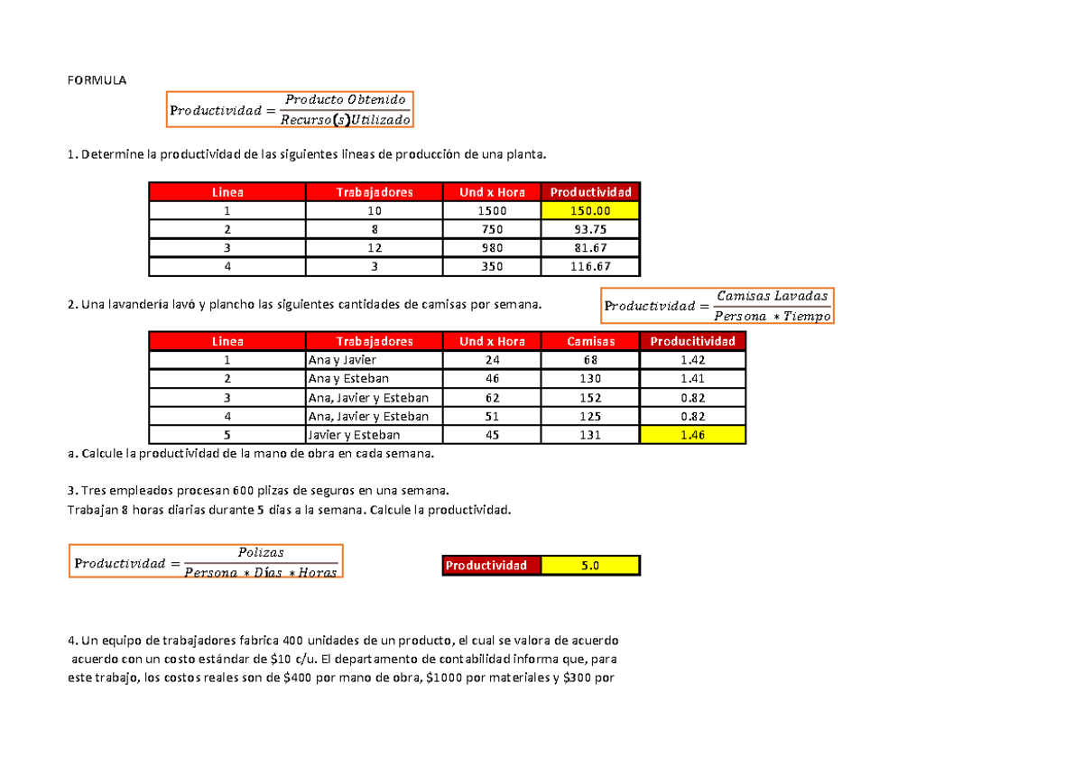 Clase 1.1 _Ejercicios DE Productividad - FORMULA Determine la ...