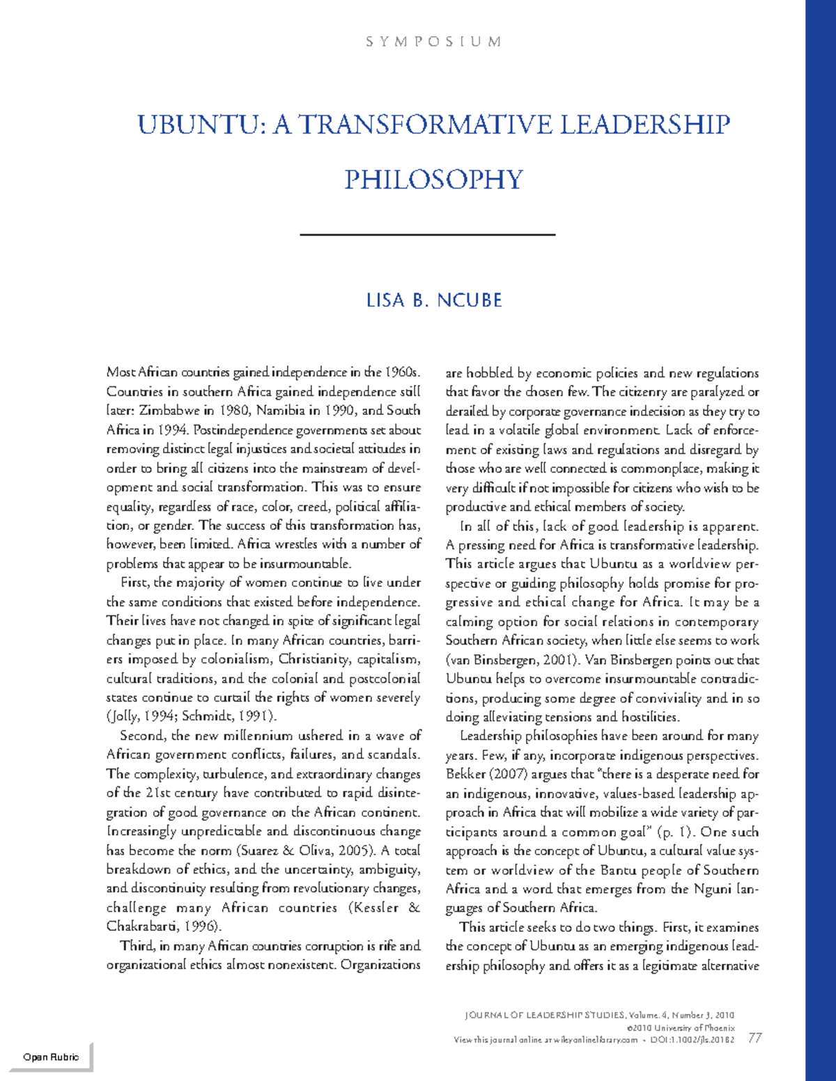 Ubuntu as aleadership - pls 1501 - JOURNAL OF LEADERSHIP STUDIES ...