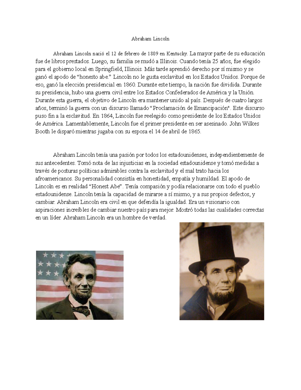 Abraham Lincoln Biography Essay in Spanish - Abraham Lincoln Abraham ...