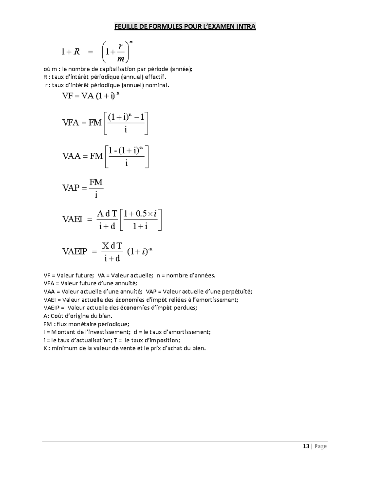 Feuille calcul - Formule - FEUILLE DE FORMULES POUR L’EXAMEN INTRA m m r R 1 1 où - Studocu