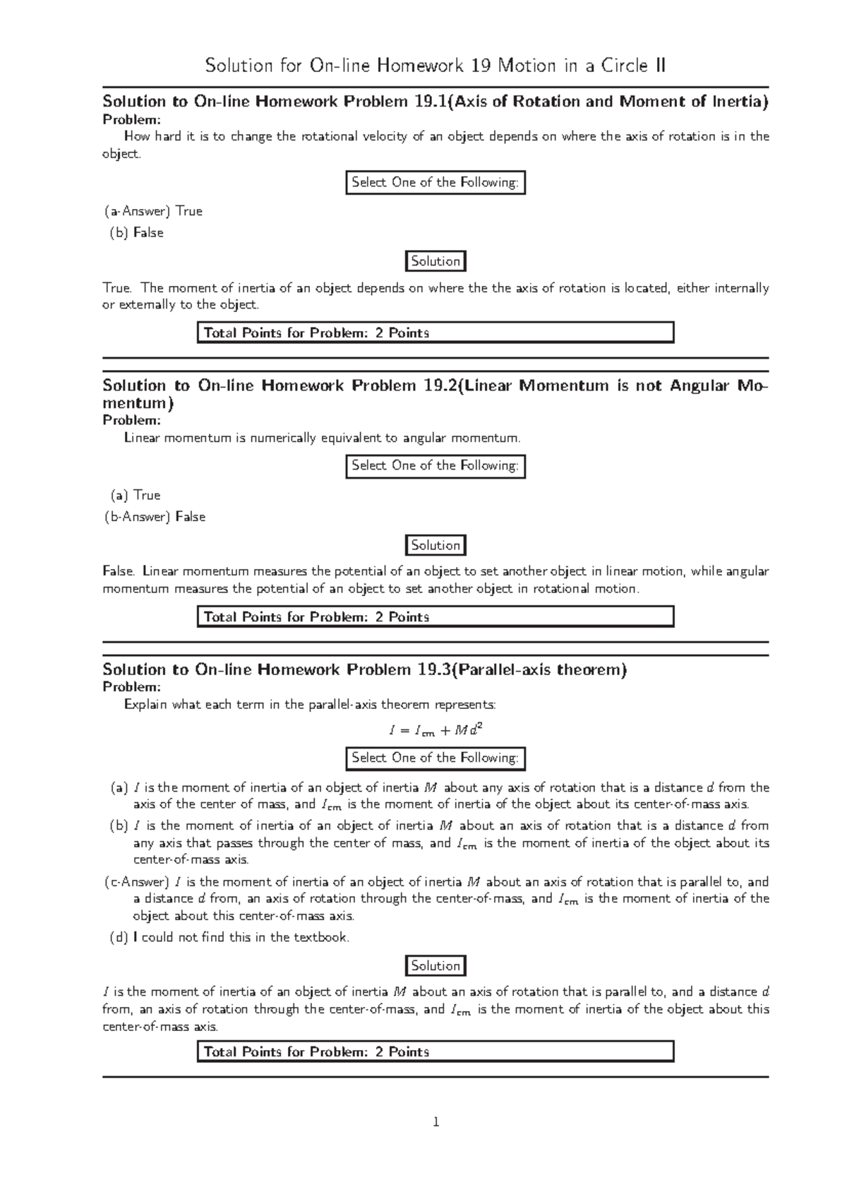 Onlinehomework-19-sln - Solution for Homework 19 Motion in a Circle II Solution to Homework ...