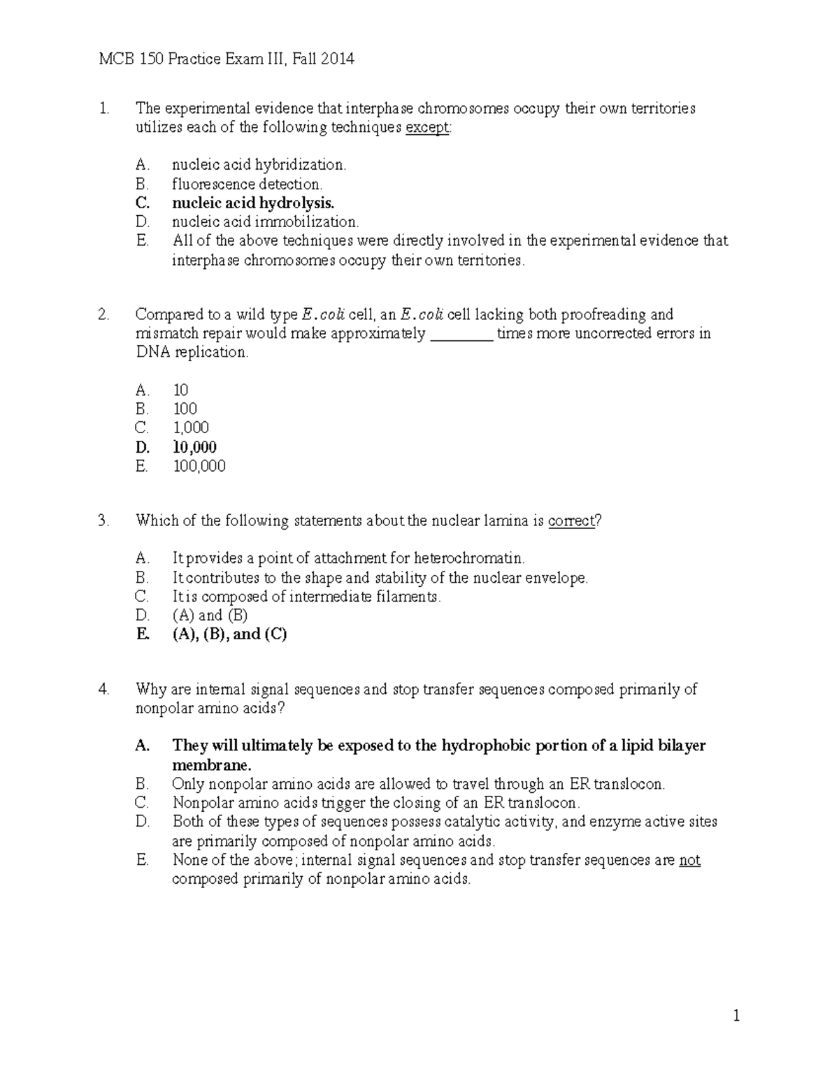 Practice Exam III Answer Key - The experimental evidence that ...