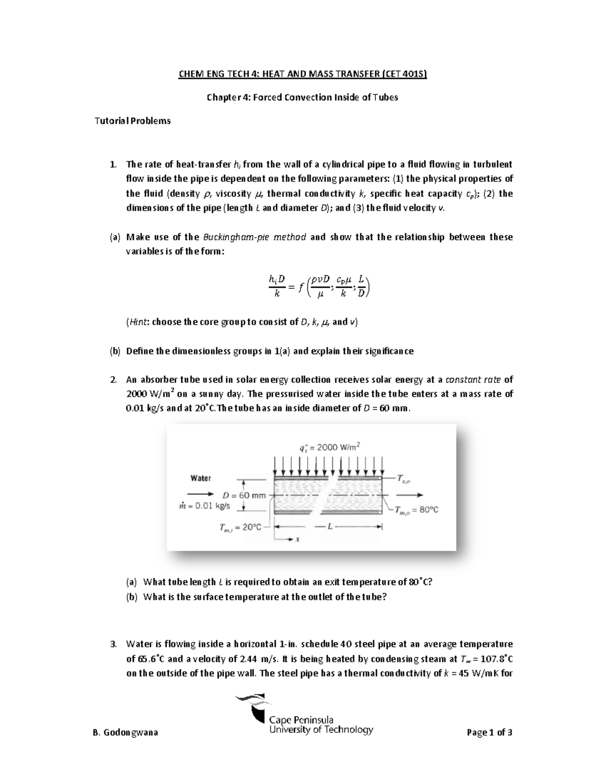 Chpt 4-Forced Convection Tut - B. Godongwana CHEM ENG TEC Chapter Tutorial Problems The rate of ...