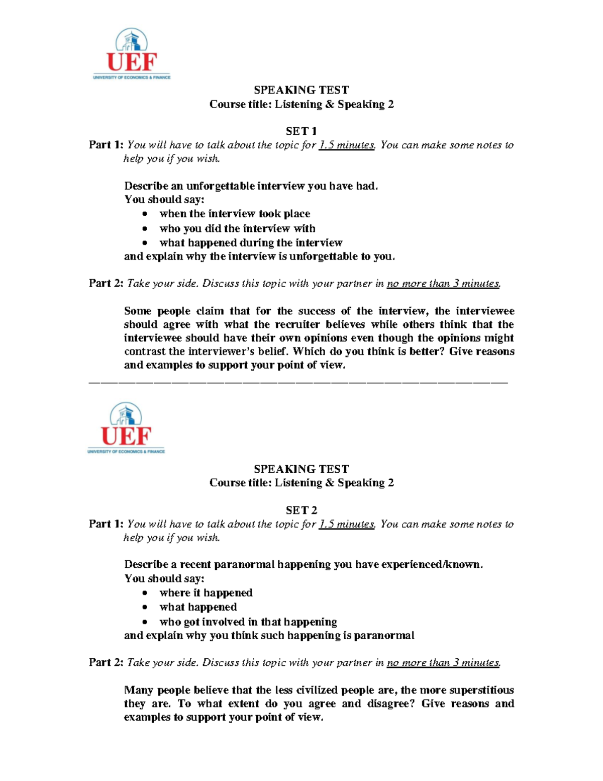 Speaking test - yen - Course title: Listening & Speaking 2 SET 1 Part 1 ...