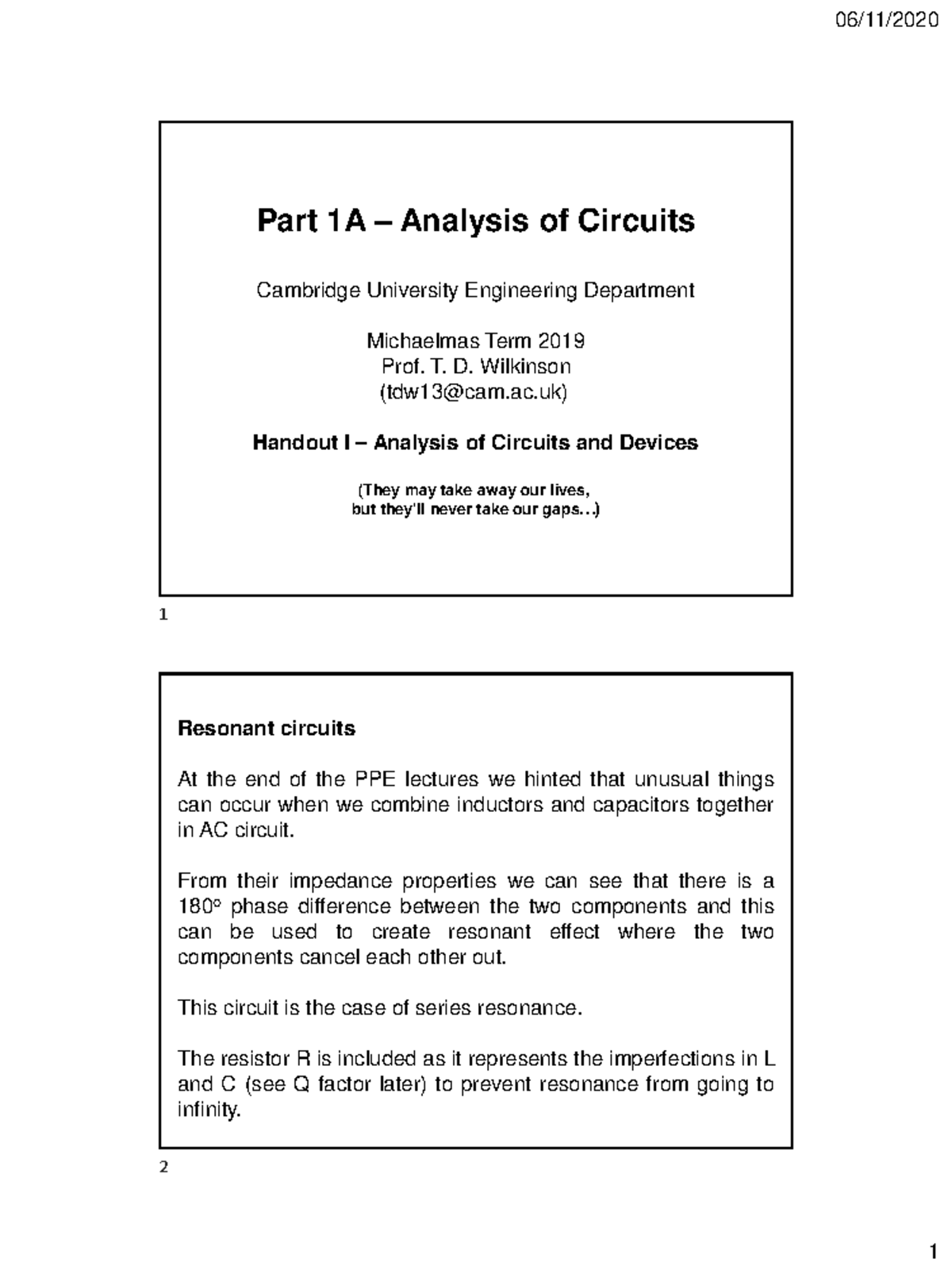 L06. Resonance and Q-factor - Part 1A – Analysis of Circuits Cambridge University Engineering ...