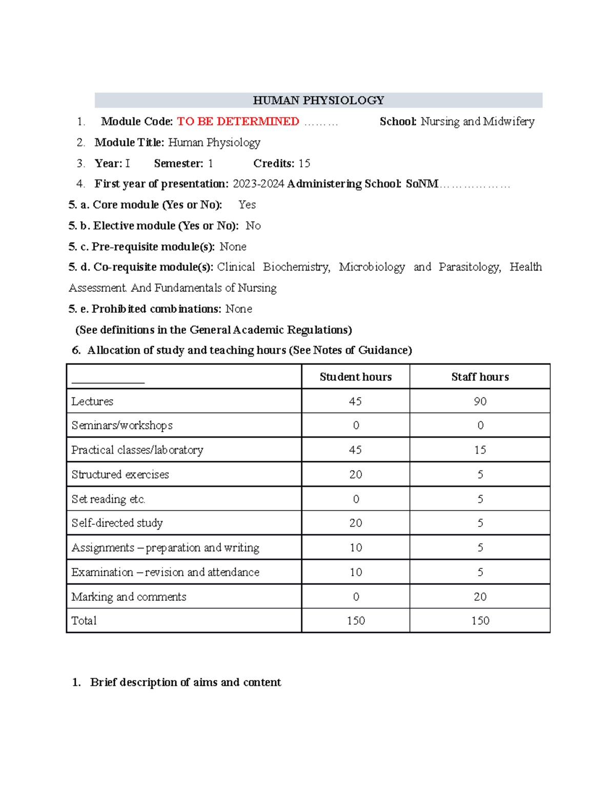 Human Physiology module description - HUMAN PHYSIOLOGY 1. Module Code ...