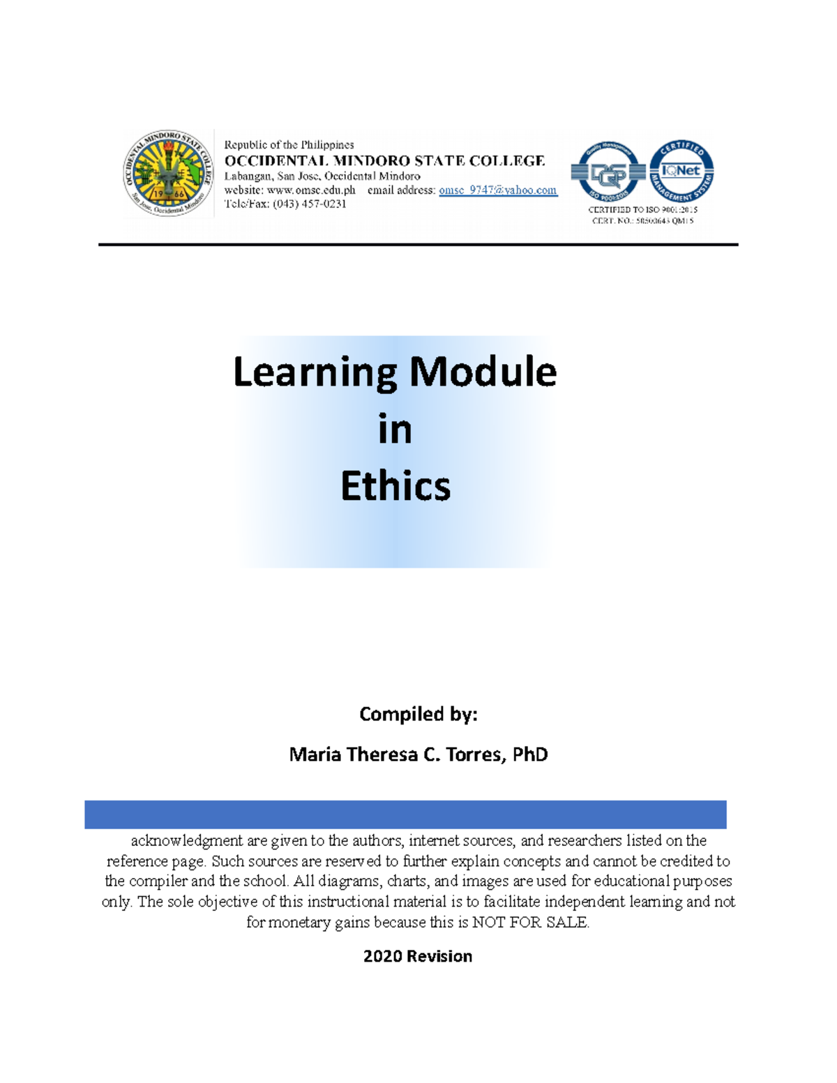 Learning Module in Ethics. THIS IS NOT FOR SALE. - Compiled by: Maria ...