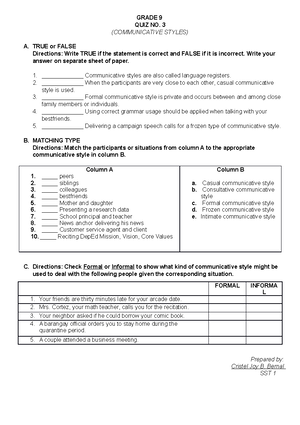 QUIZ #1 Q2 - grade 9 lesson - ENGLISH 9 (QUIZ #1) I. Direction ...