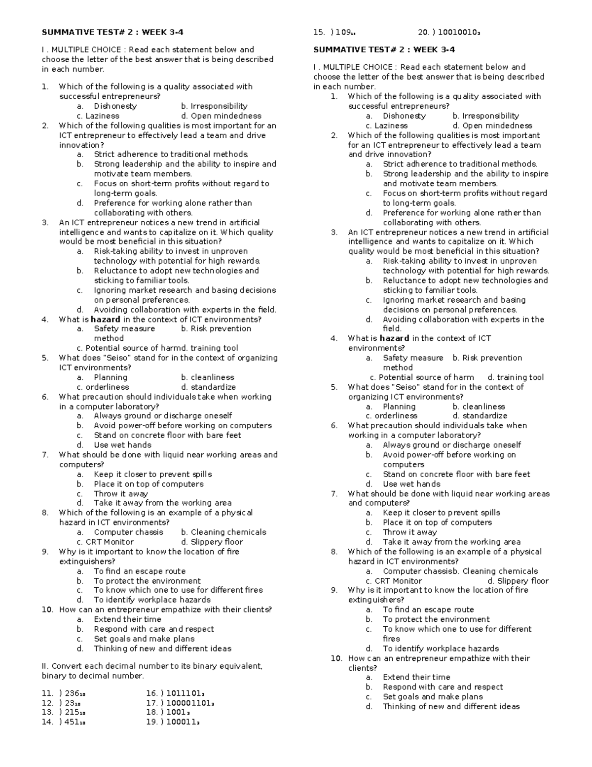 Summative TEST ict week 3-4 - SUMMATIVE TEST# 2 : WEEK 3- I. MULTIPLE ...