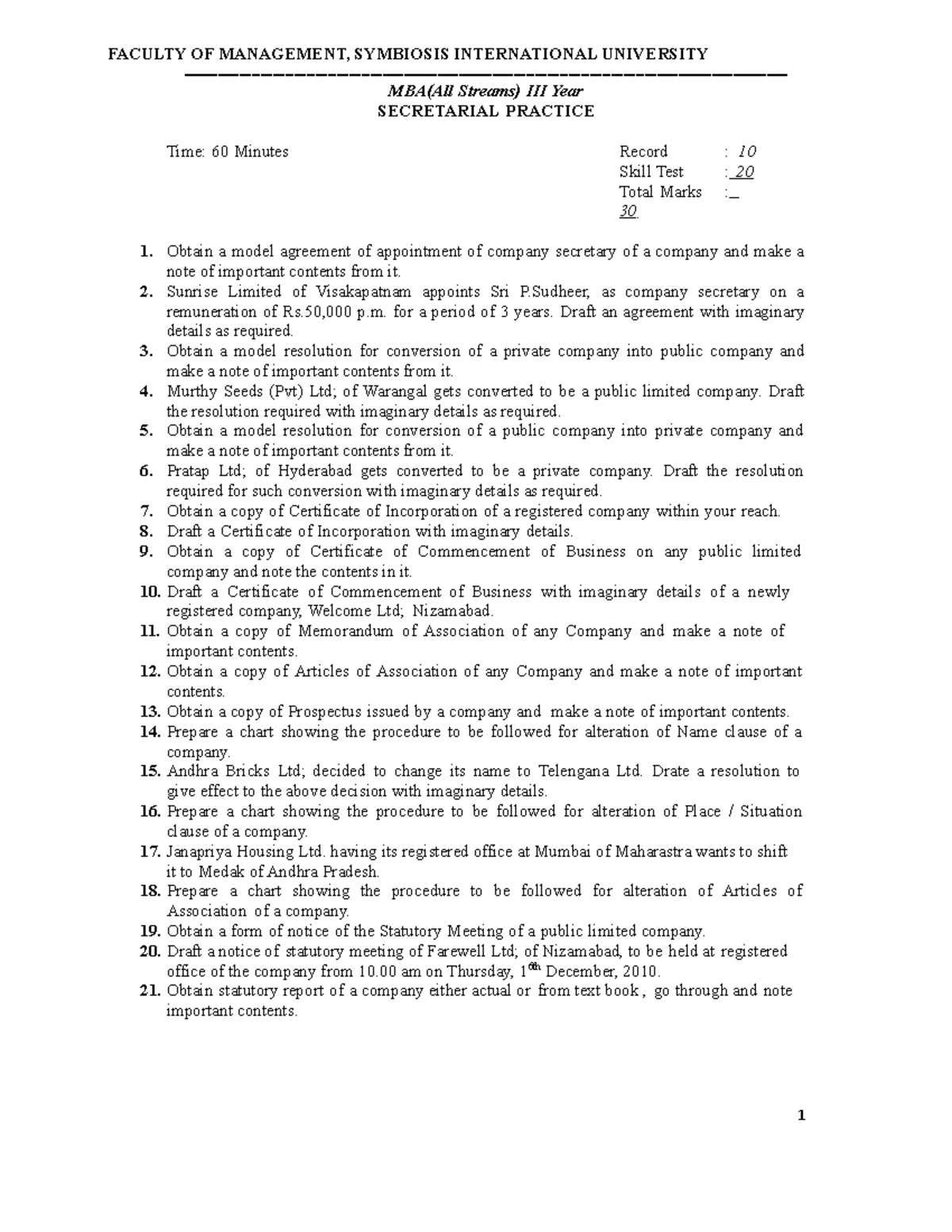 Secretarial Practice - Assignment - FACULTY OF MANAGEMENT, SYMBIOSIS ...