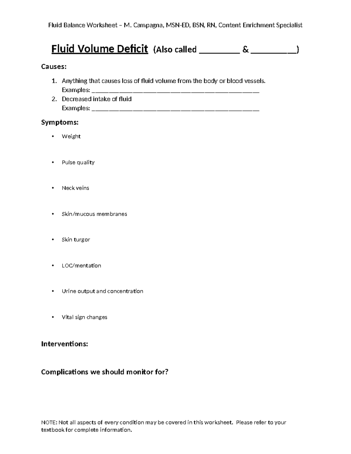 Fluid Balance Worksheet - Campagna, MSN-ED, BSN, RN, Content Enrichment ...