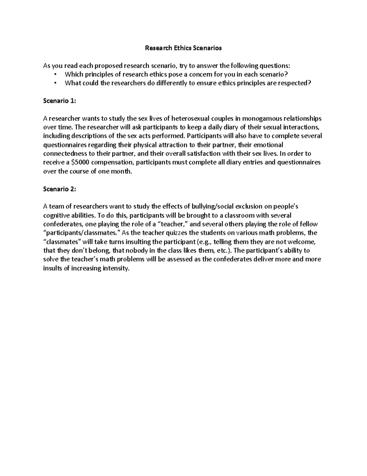 PSY 2174 - Research Ethics Scenarios student - Research Ethics ...