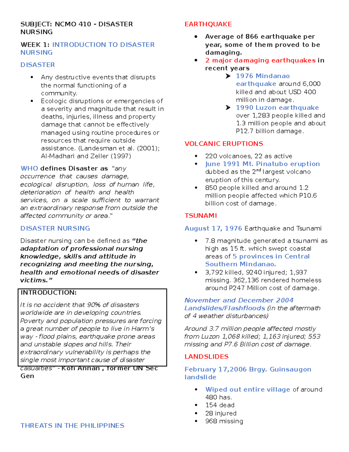 DN-1 - Disaster Nursing - SUBJECT: NCMO 410 - DISASTER NURSING WEEK 1 ...