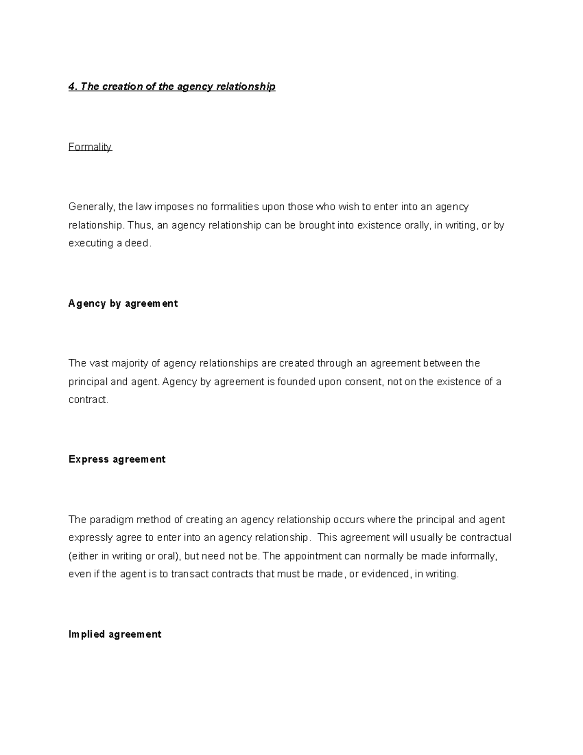 4. The creation of the agency relationship - 4. The creation of the ...