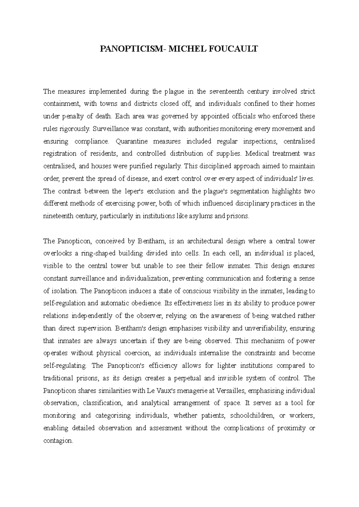 Panopticism - Summary Visual Culture - PANOPTICISM- MICHEL FOUCAULT The ...