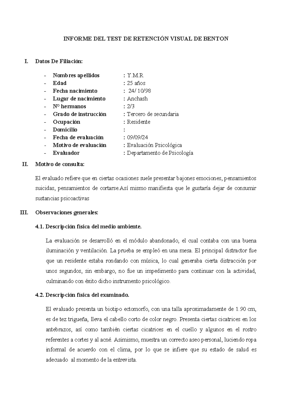 Informe DEL TEST DE Retención Visual DE Benton - INFORME DEL TEST DE ...