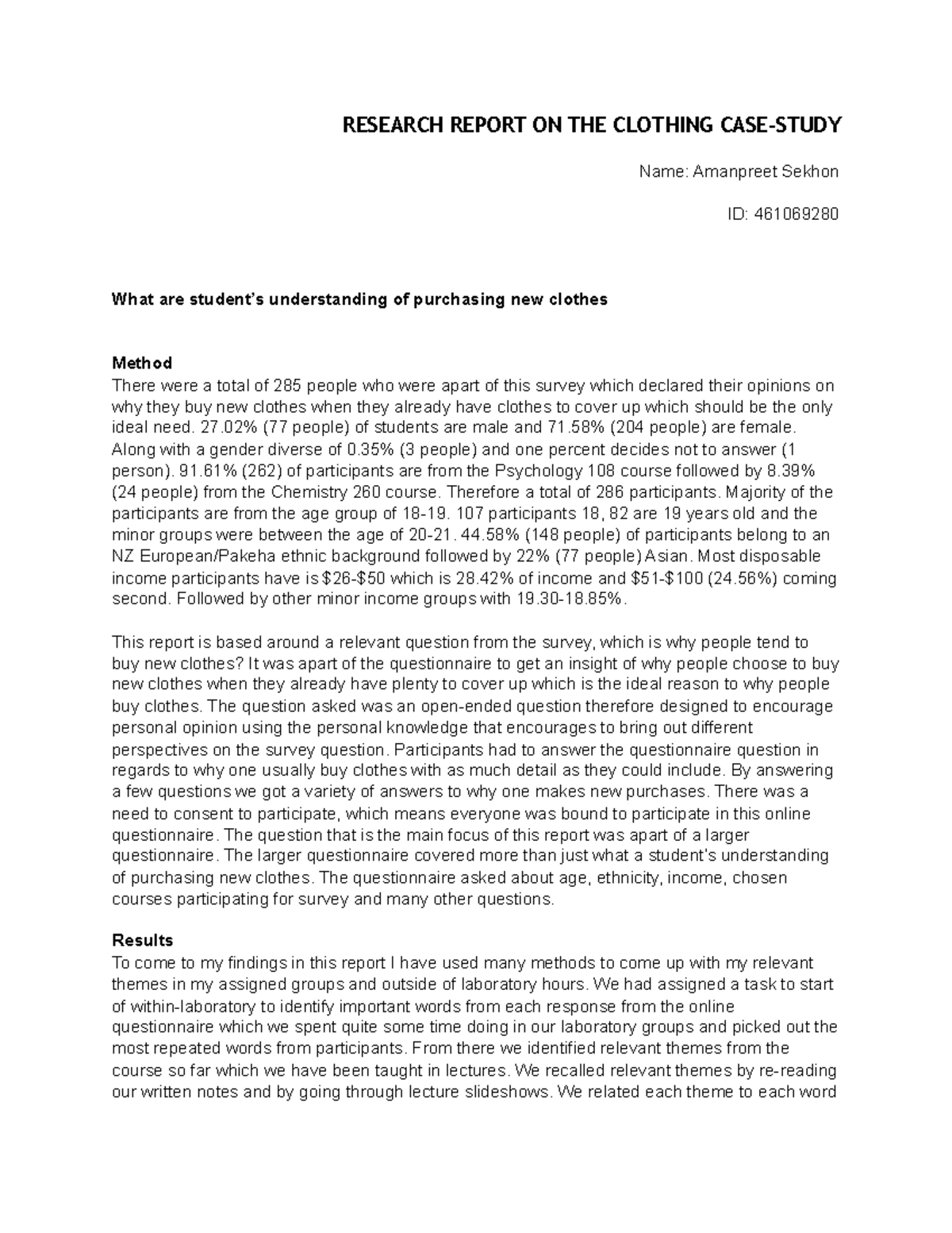 Psych 108-3 clothing - RESEARCH REPORT ON THE CLOTHING CASE-STUDY Name ...