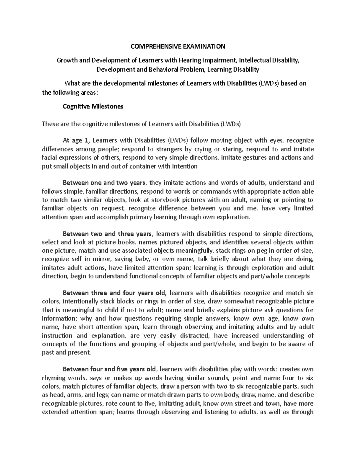 Comprehensive Exam in SPED - COMPREHENSIVE EXAMINATION Growth and ...