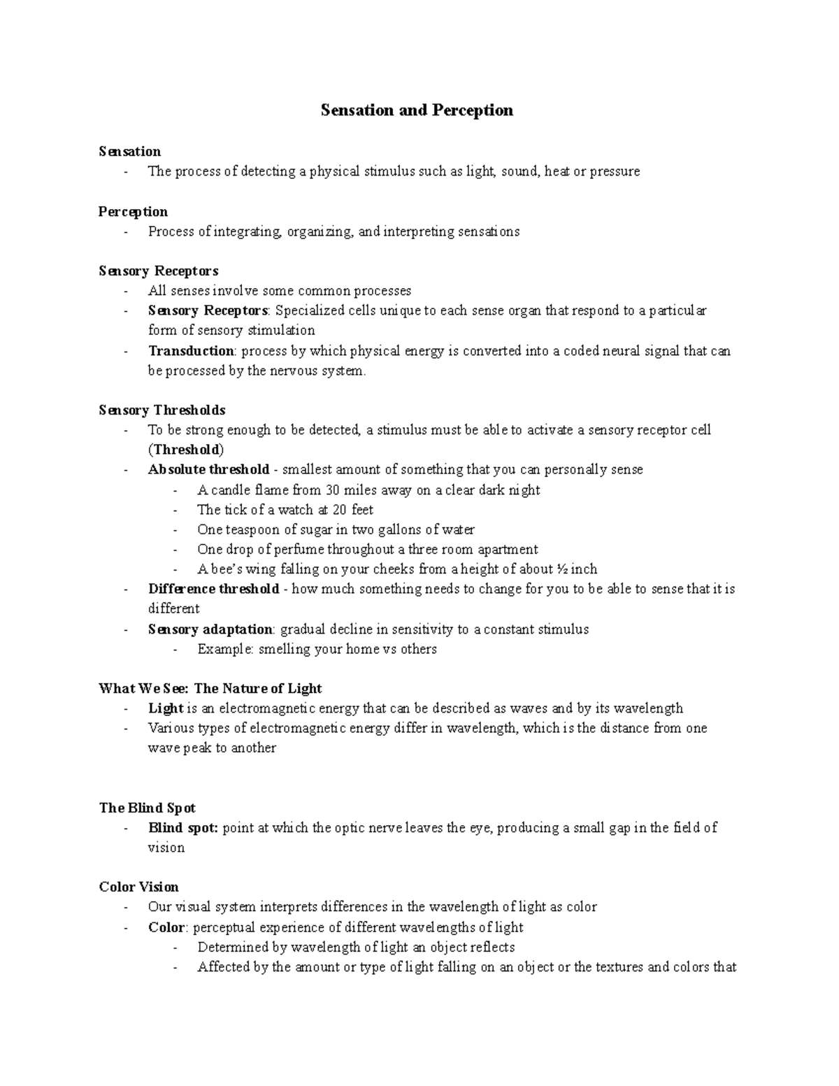Chapter 3 Sensation and Perception - Sensation and Perception Sensation ...