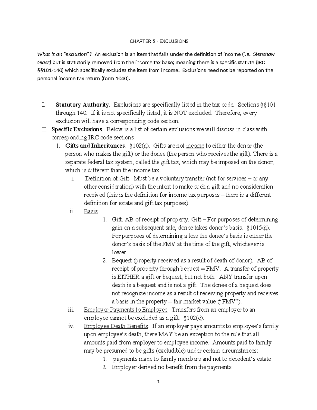 Chapter 5 Notes 10-19-23 - CHAPTER 5 - EXCLUSIONS What is an “exclusion ...