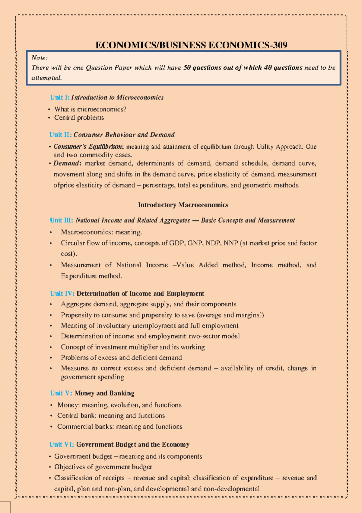 Economics Syllabus- CUET - ECONOMICS/BUSINESS ECONOMICS- Unit I ...