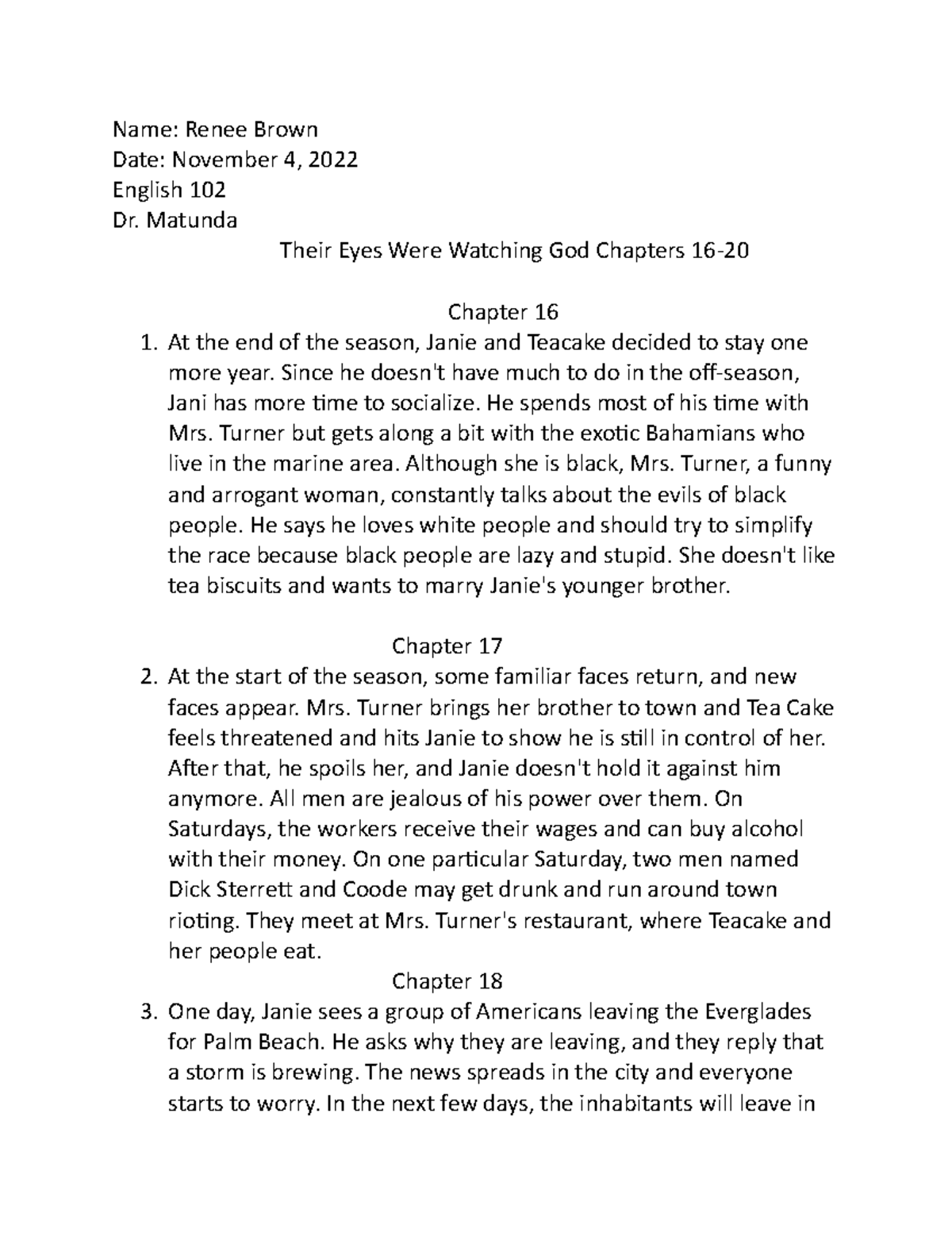 Their eyes were watching god chapter 16-20 - Name: Renee Brown Date ...