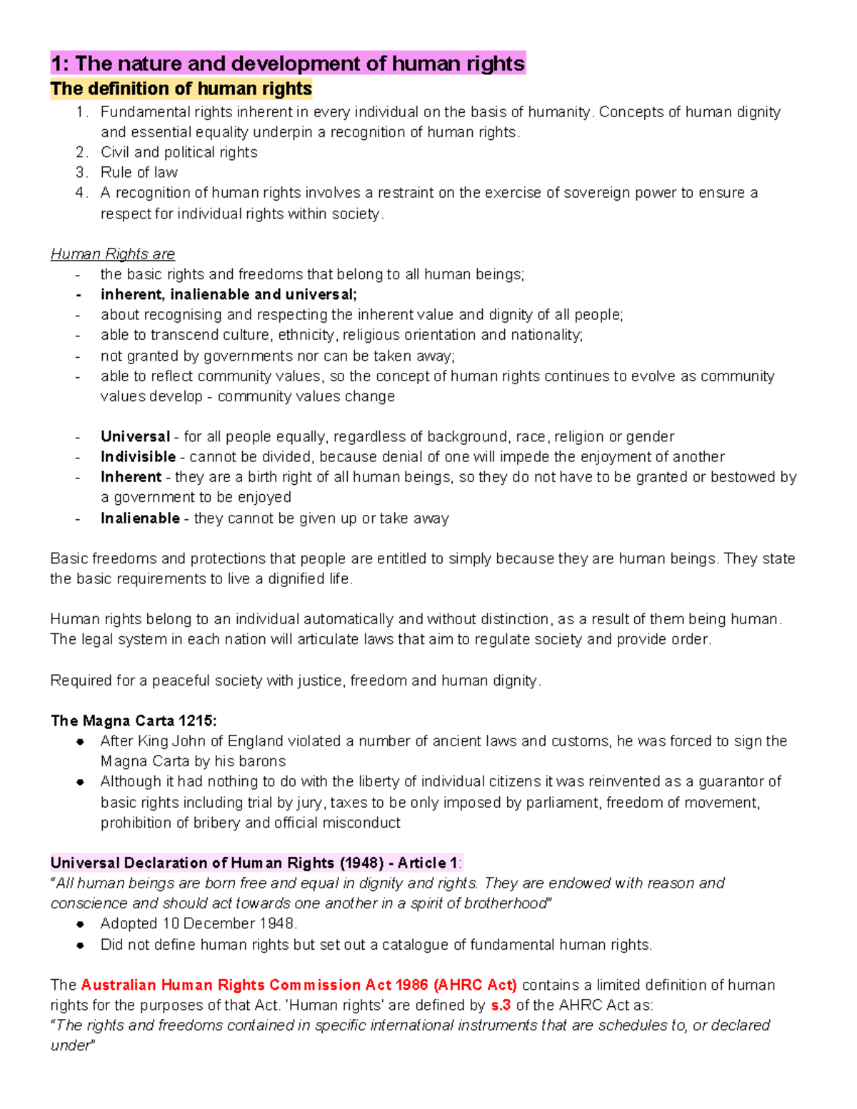 HR Notes - 1: The nature and development of human rights The definition ...
