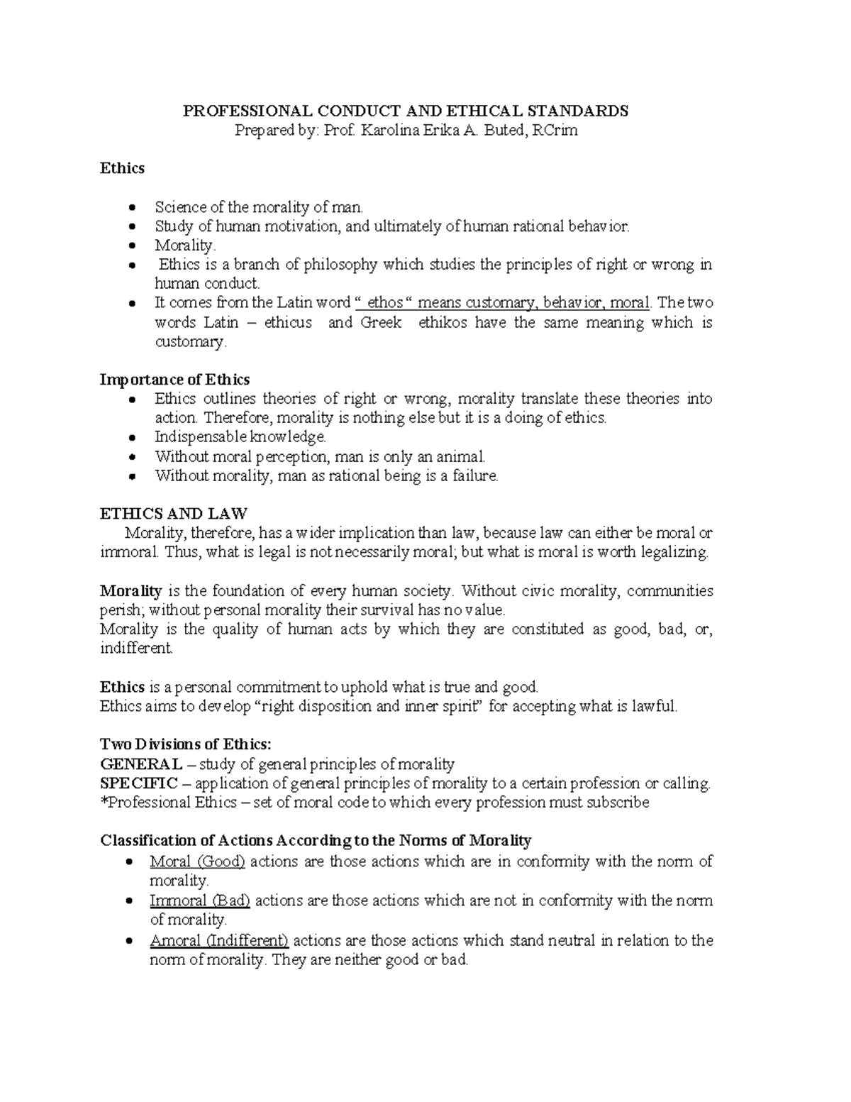 Ethics Notes - Buted - reviewer - PROFESSIONAL CONDUCT AND ETHICAL ...