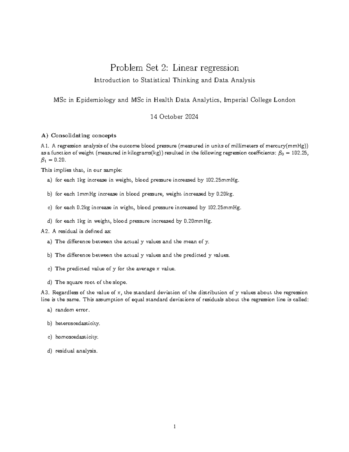 Problem set 2 - Problem Set 2: Linear regression Introduction to Statistical Thinking and Data ...