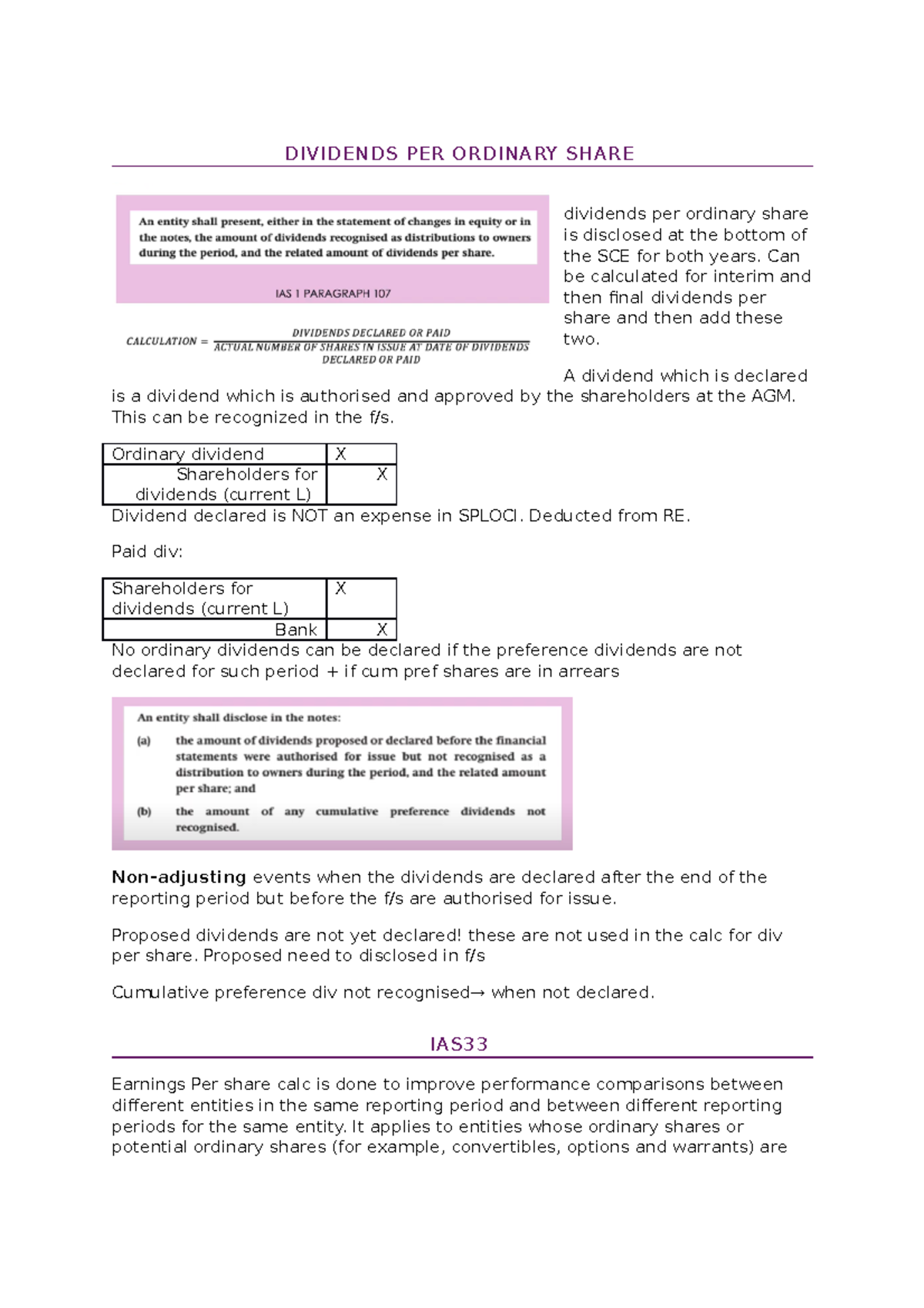 IAS 33 - IAS 33 notes - DIVIDENDS PER ORDINARY SHARE dividends per ...