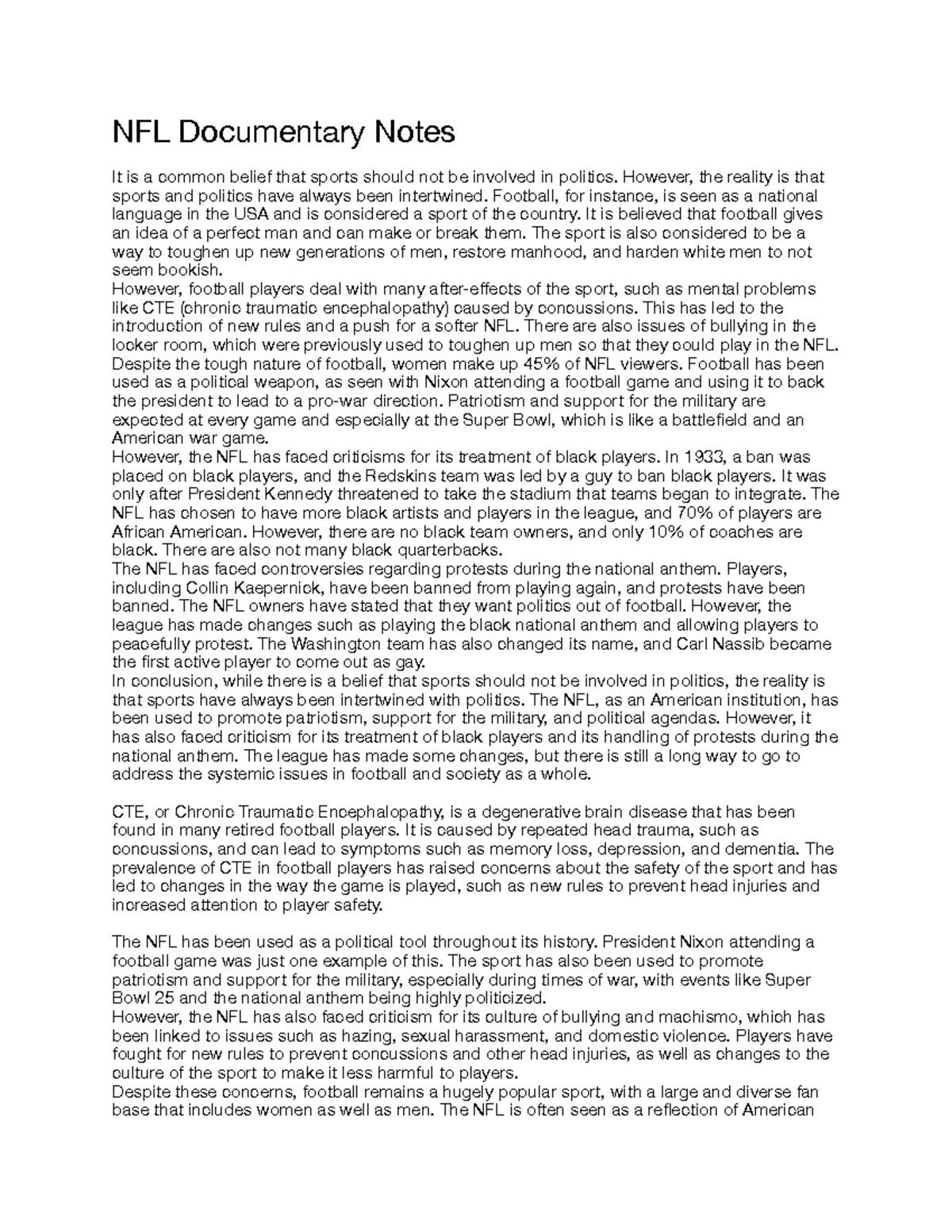 NFL Documentary Notes - However, the reality is that sports and ...