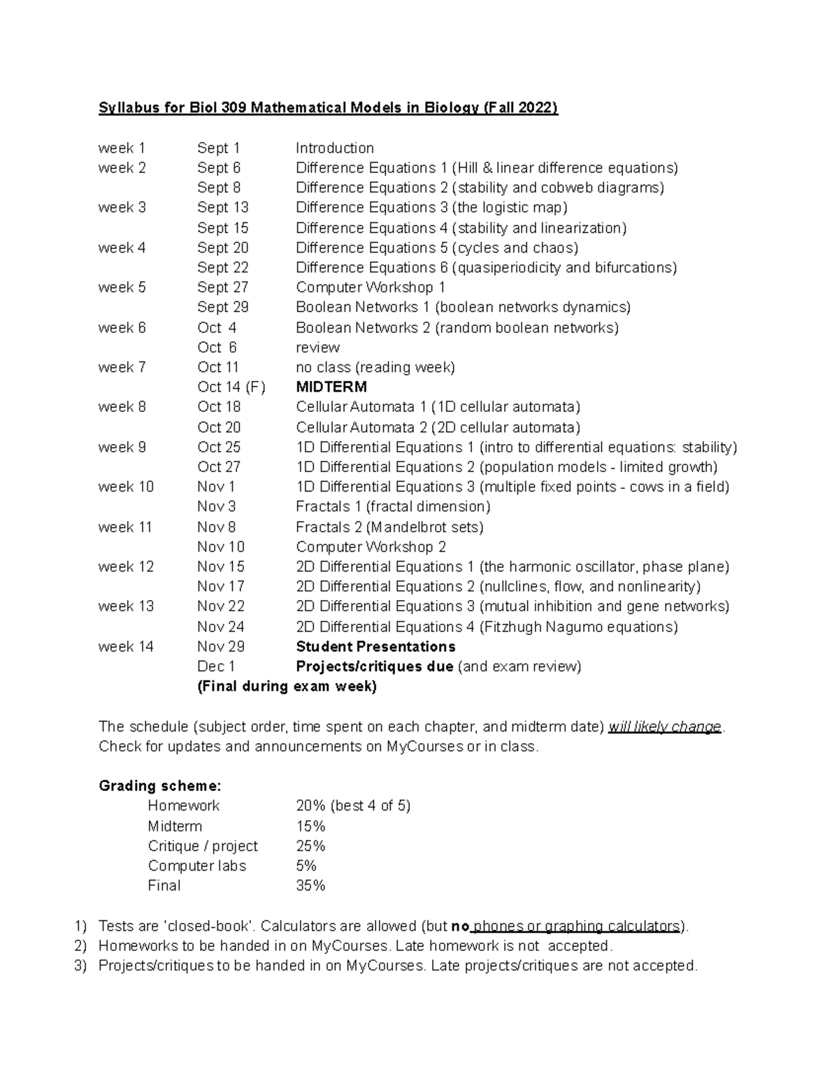 Syllabus for Biol 309 Mathematical Models in Biology (Fall 2022 ...