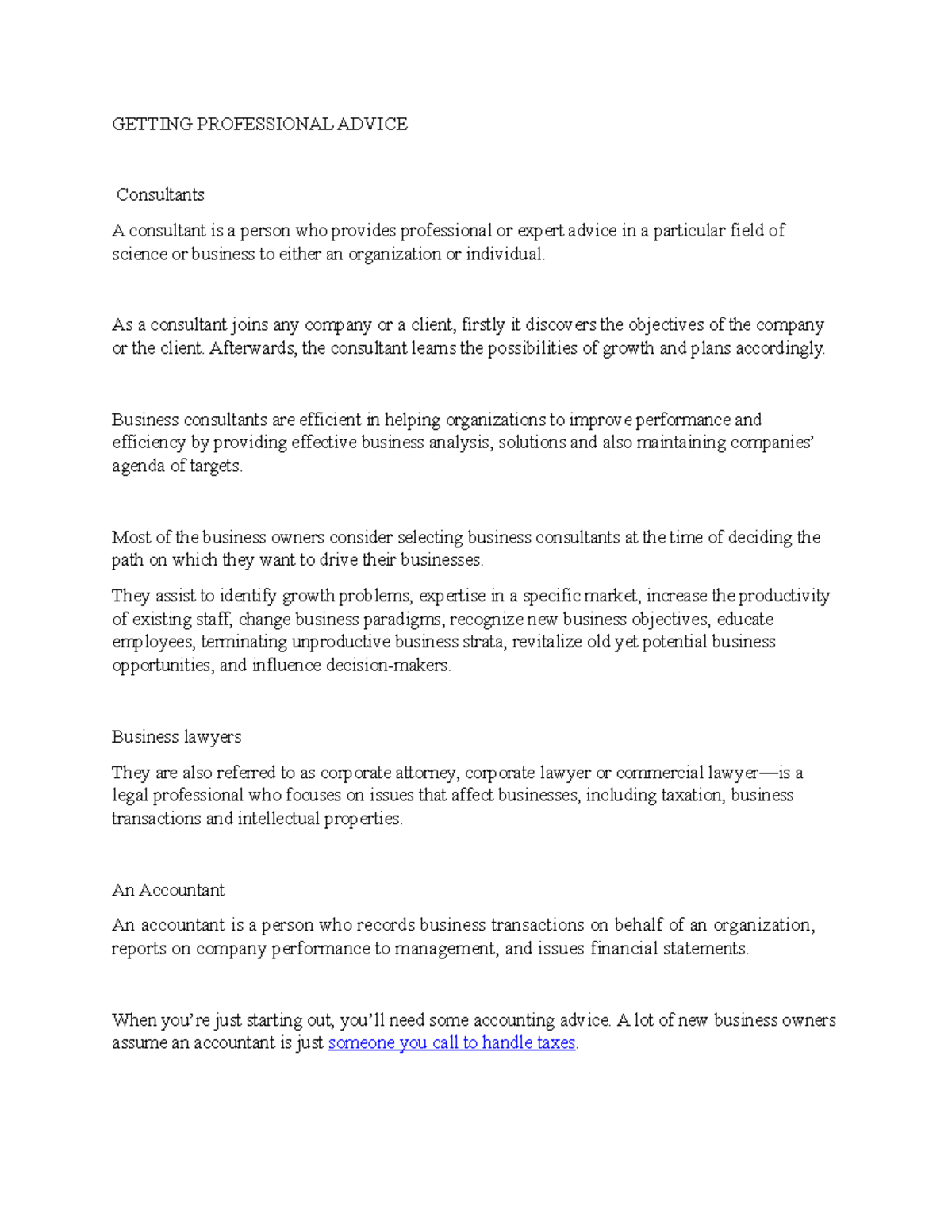 Smal business Mgt - Getting professional advice - GETTING PROFESSIONAL ...