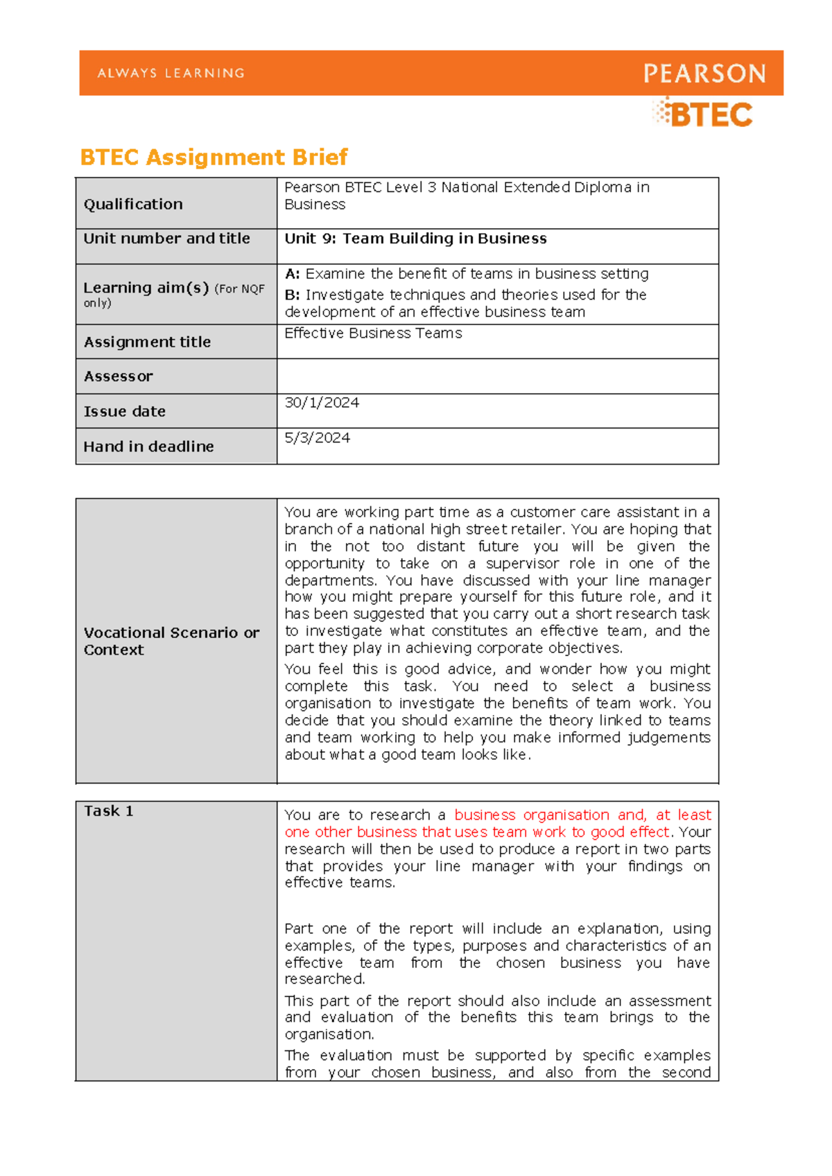 Unit 9 - Assignment 1 (LOA & LOB) - BTEC Assignment Brief Qualification ...