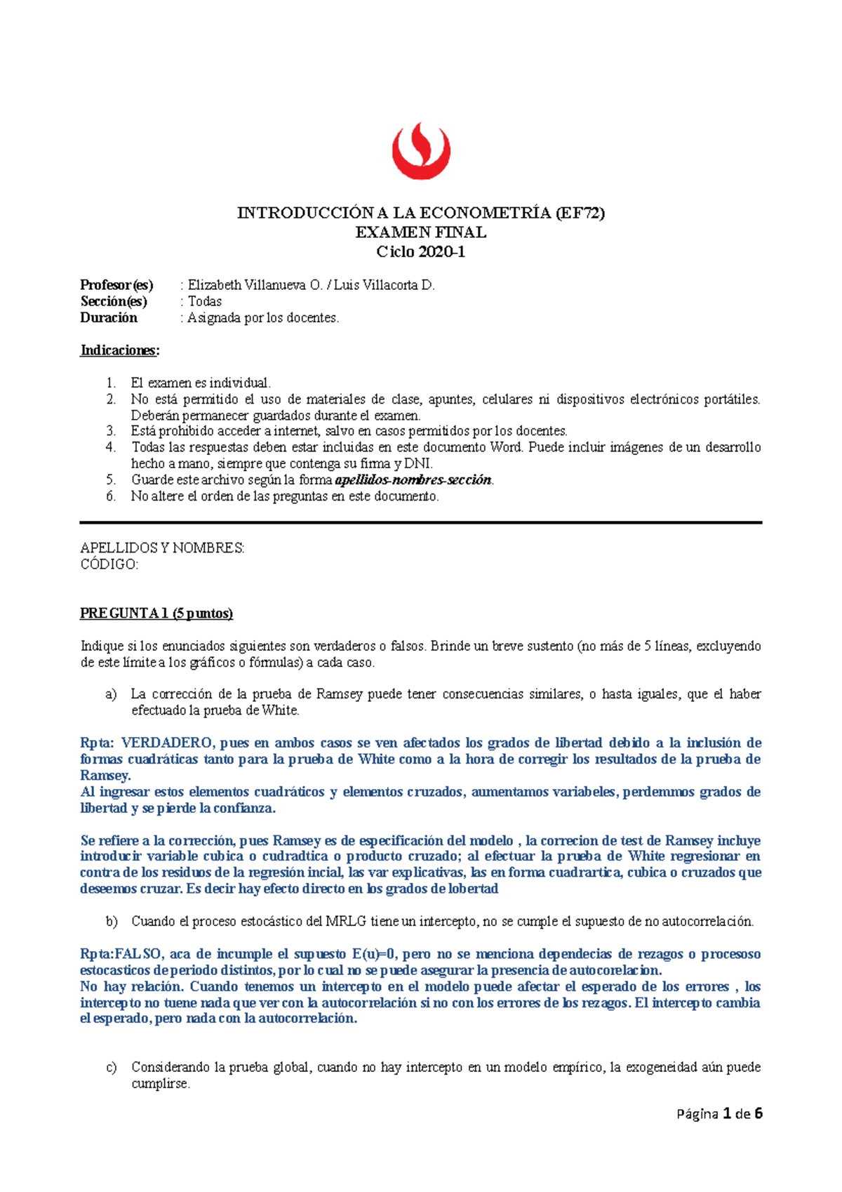 2020-1 Sol Nicoll - final - INTRODUCCIÓN A LA ECONOMETRÍA (EF72) EXAMEN FINAL Ciclo 2020- - Studocu