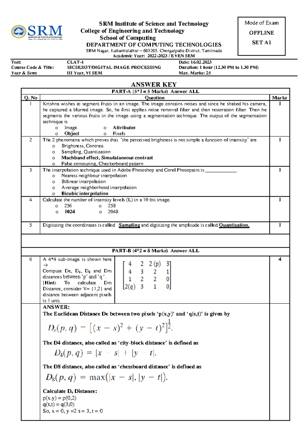 Answer Key Set A1 Ct 1 Qp Batch 1 Srm Institute Of Science And Technology College Of