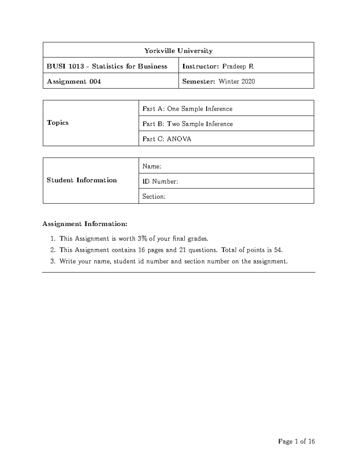 Assignment 004 - questions - Yorkville University BUSI 1013 - Statistics for Business Instructor ...