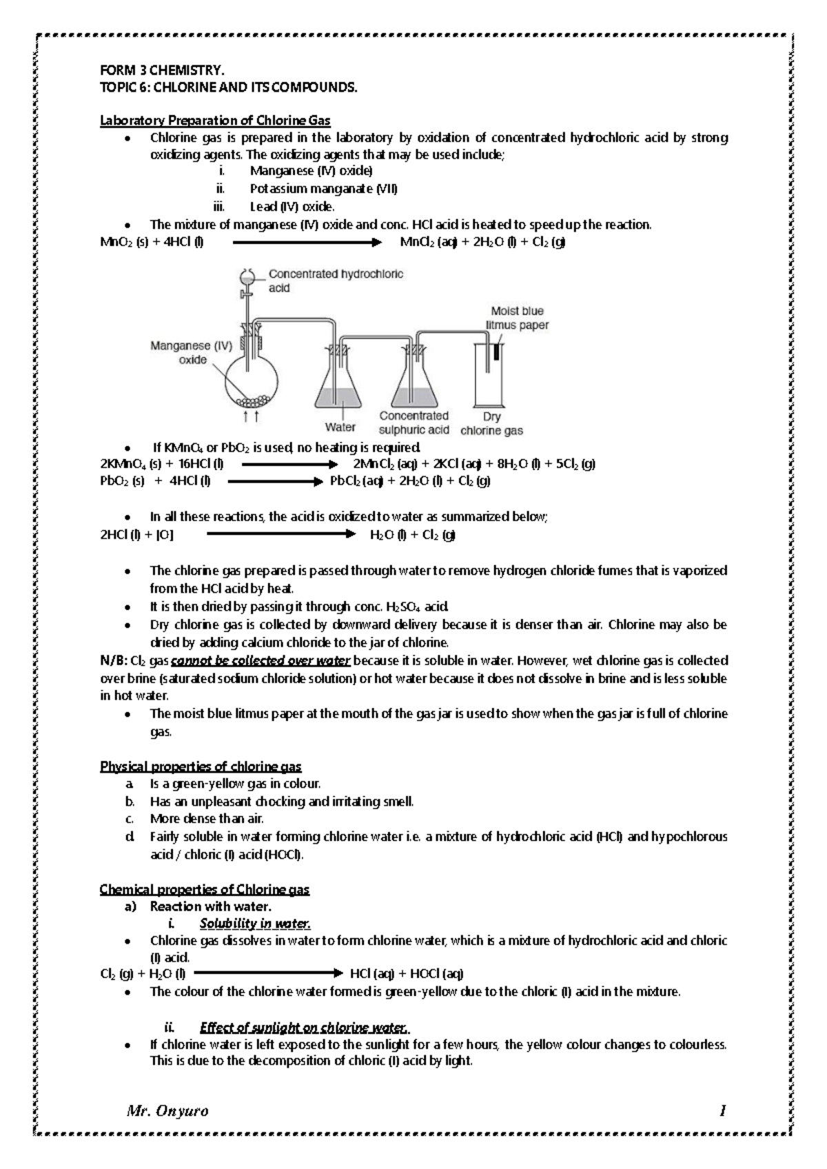 Topic 6 - Chlorine and its Compounds - FORM 3 CHEMISTRY. TOPIC 6 ...