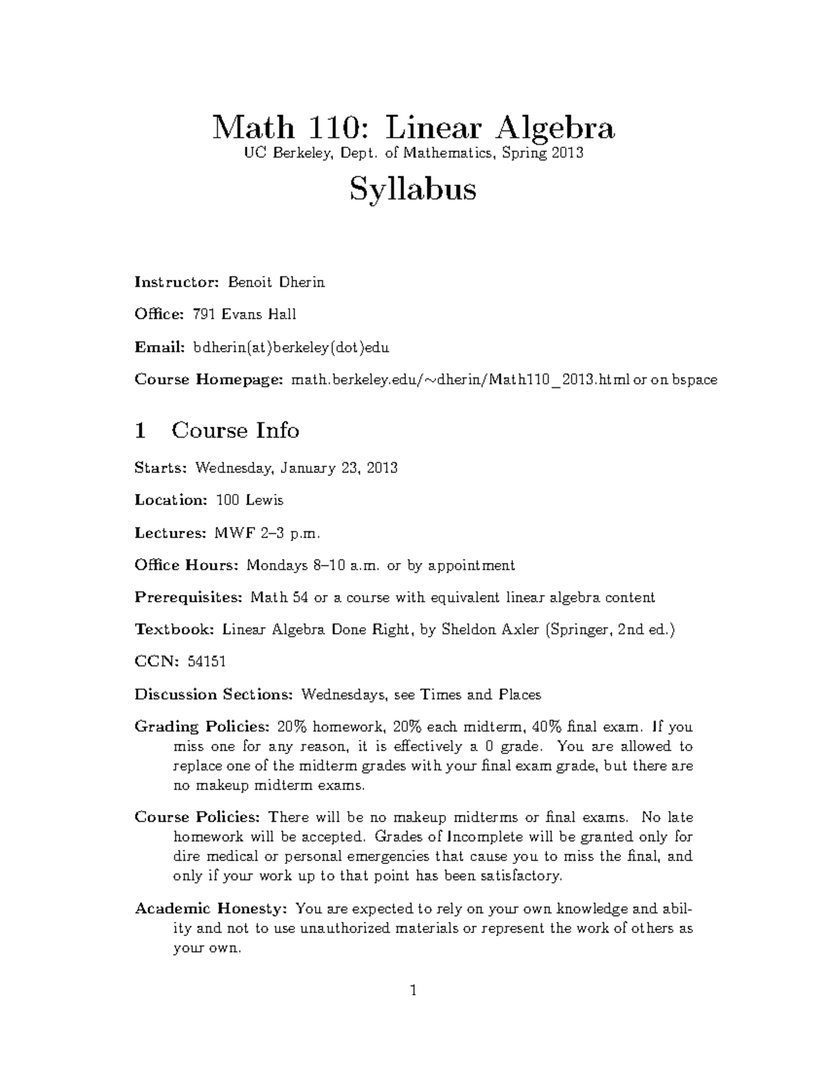 240005933 Math 110 Syllabus - Math 110: Linear Algebra UC Berkeley ...