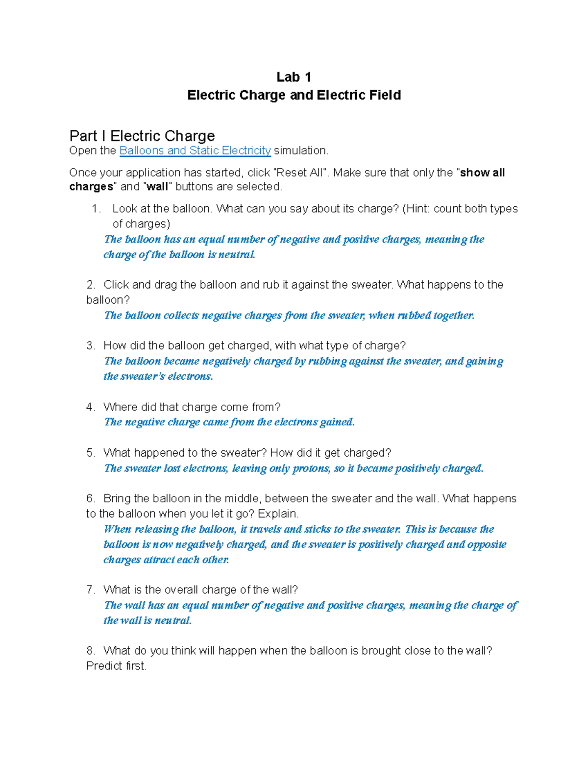 Lab 1 - Lab 1 Electric Charge and Electric Field Part I Electric Charge ...