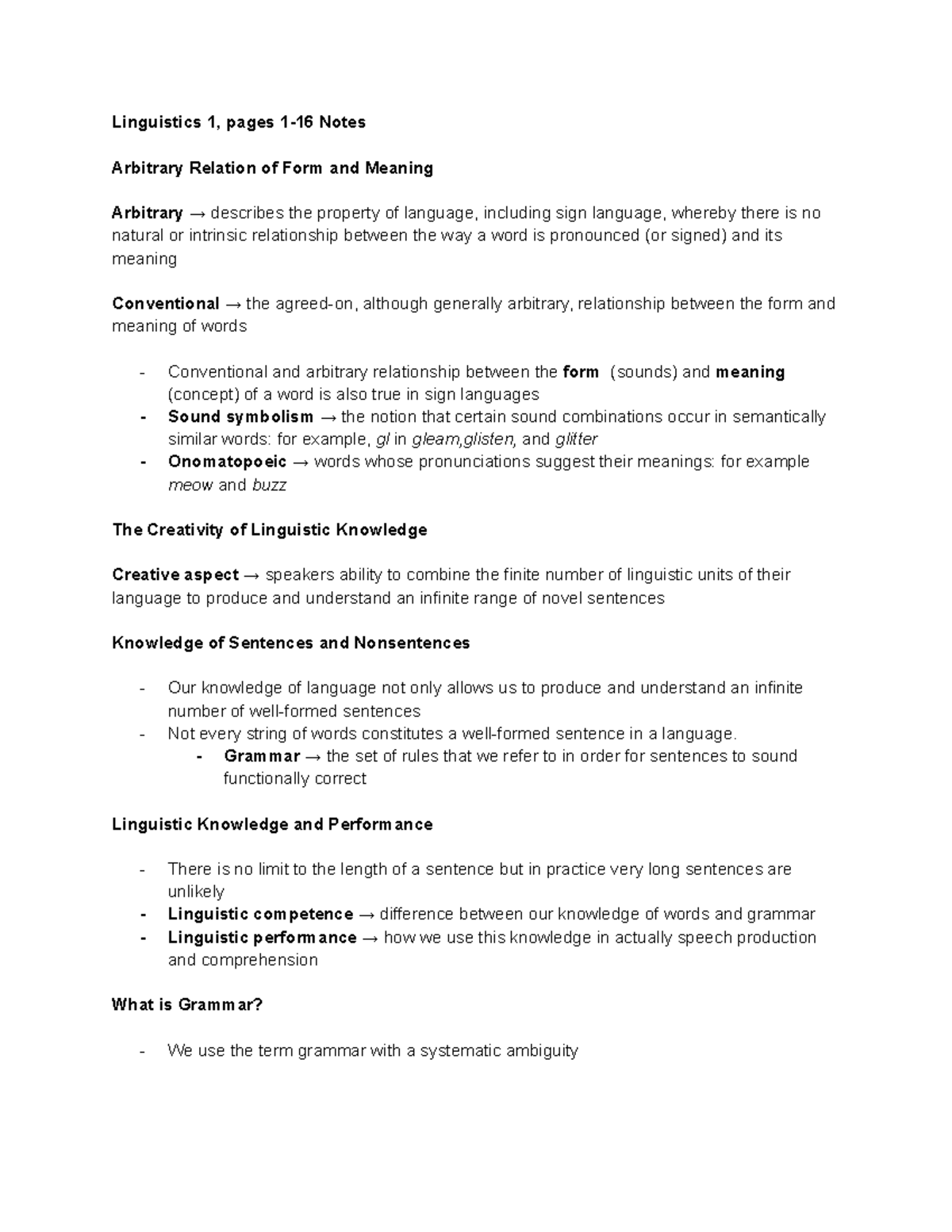 LING 1 Textbook Notes - Linguistics 1, pages 1-16 Notes Arbitrary ...