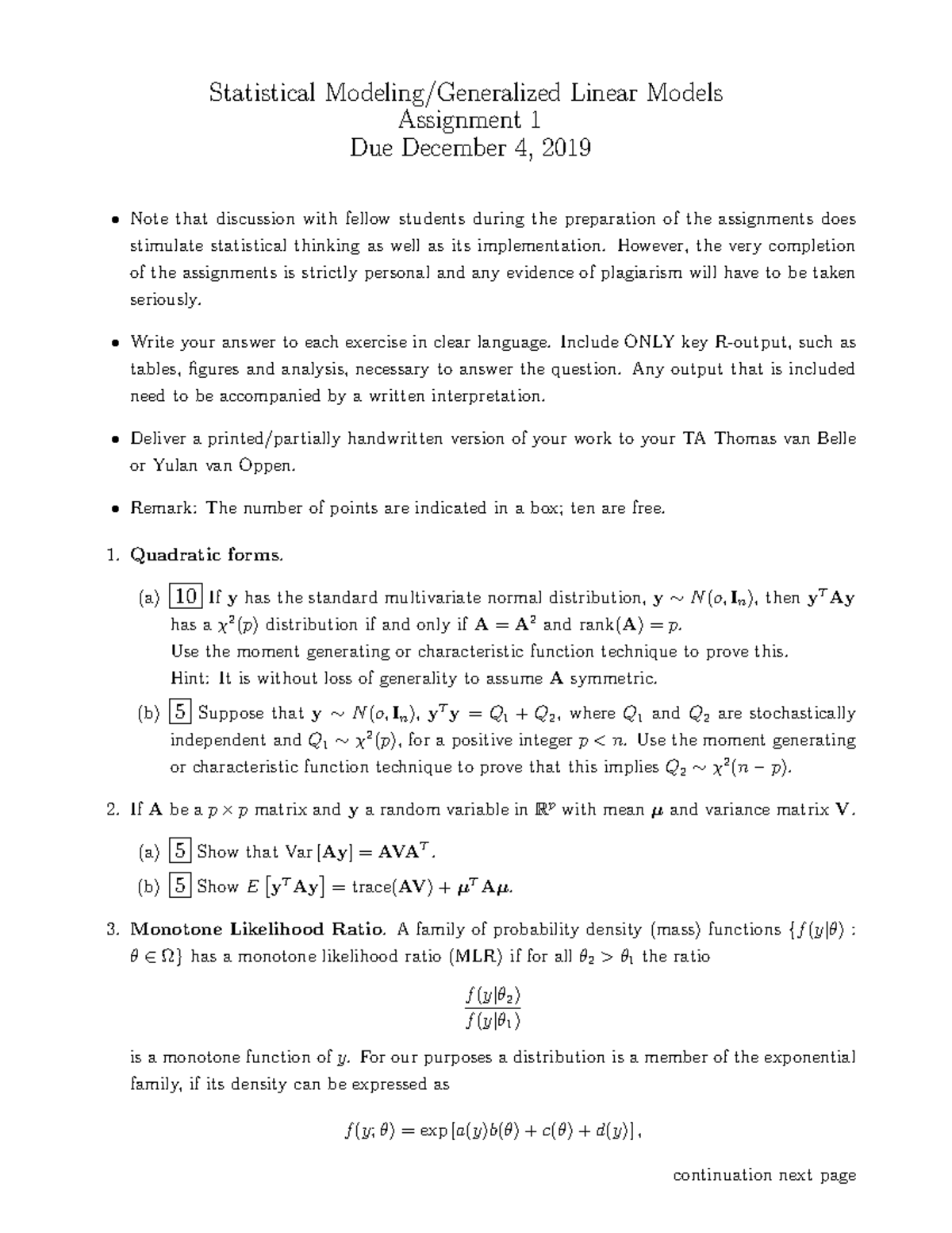 Assignment 1 2019-2020 - Statistical Modeling/Generalized Linear Models ...